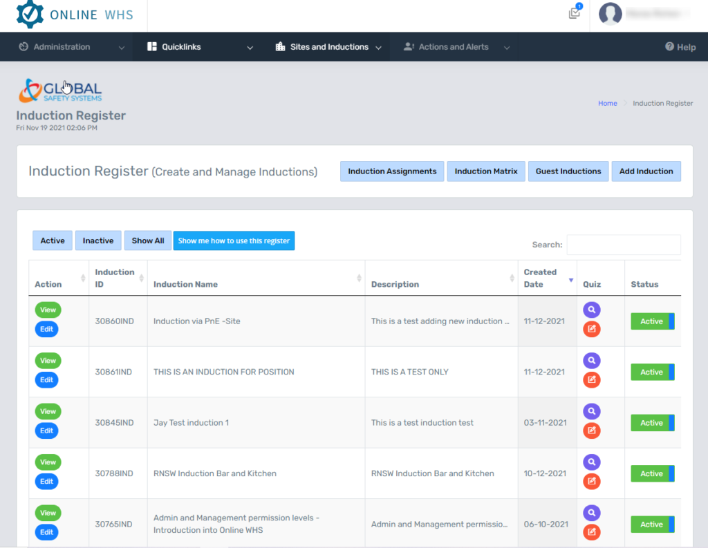 Induction Register 2021 | WHS Systems